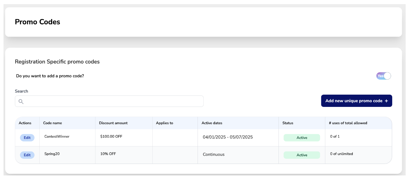 How to add promo codes to a registration (V2)